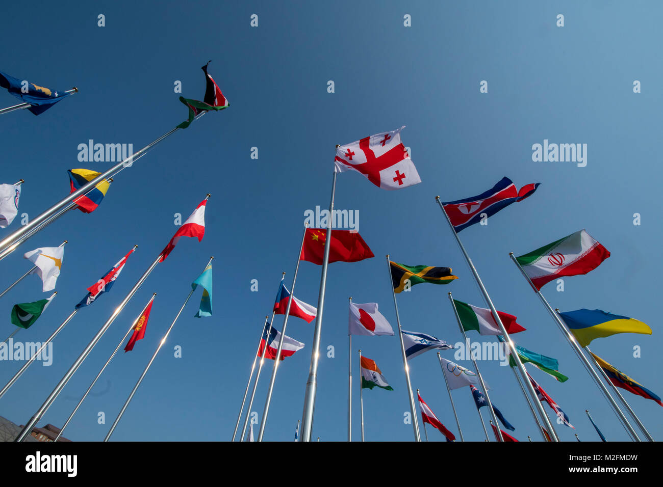 South Korea. 8th February, 2018. Flags at the Olympic village, Olympic ...