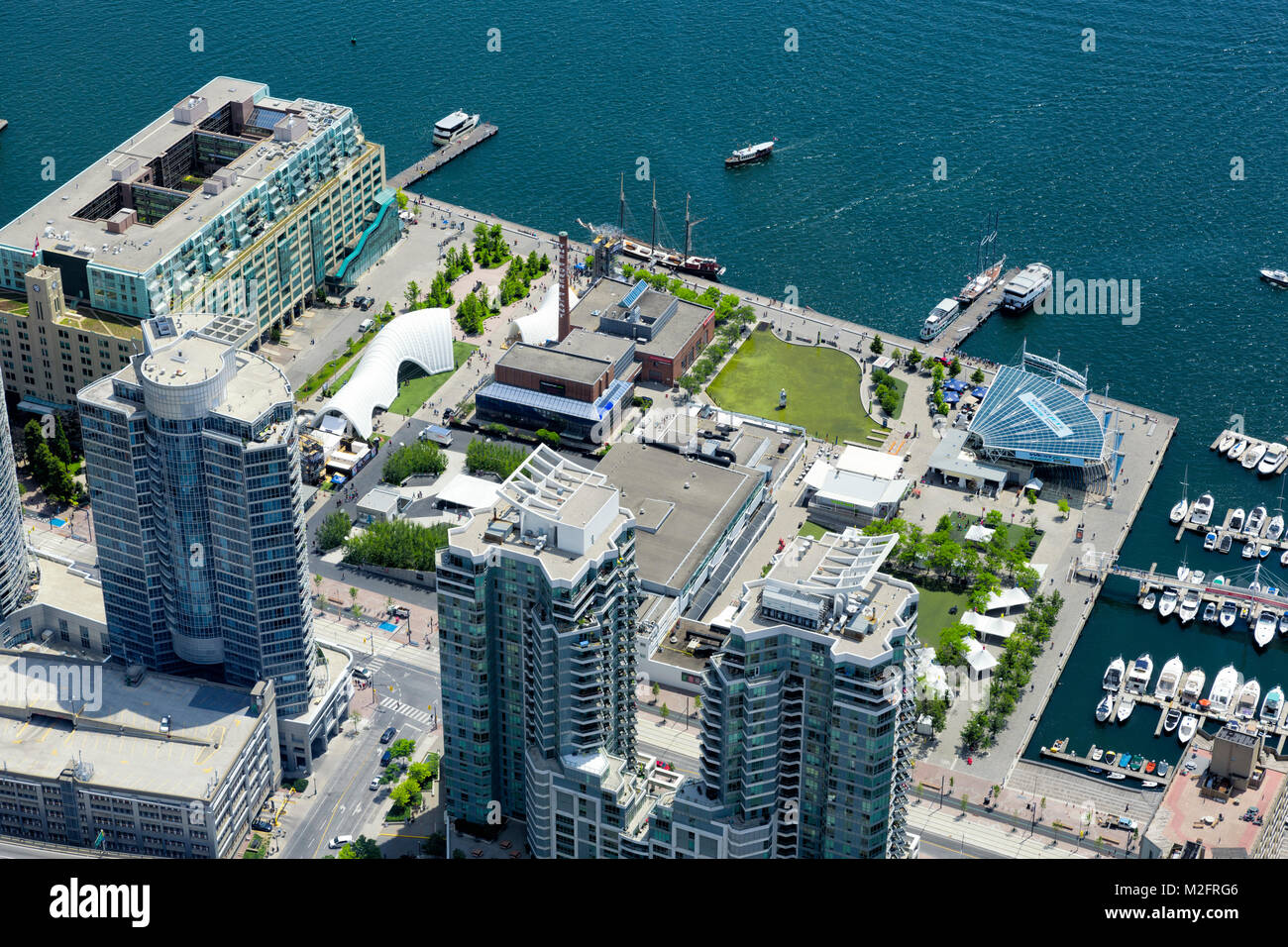 View from above busy Toronto Harbourfront, Canada Square, Ontario ...