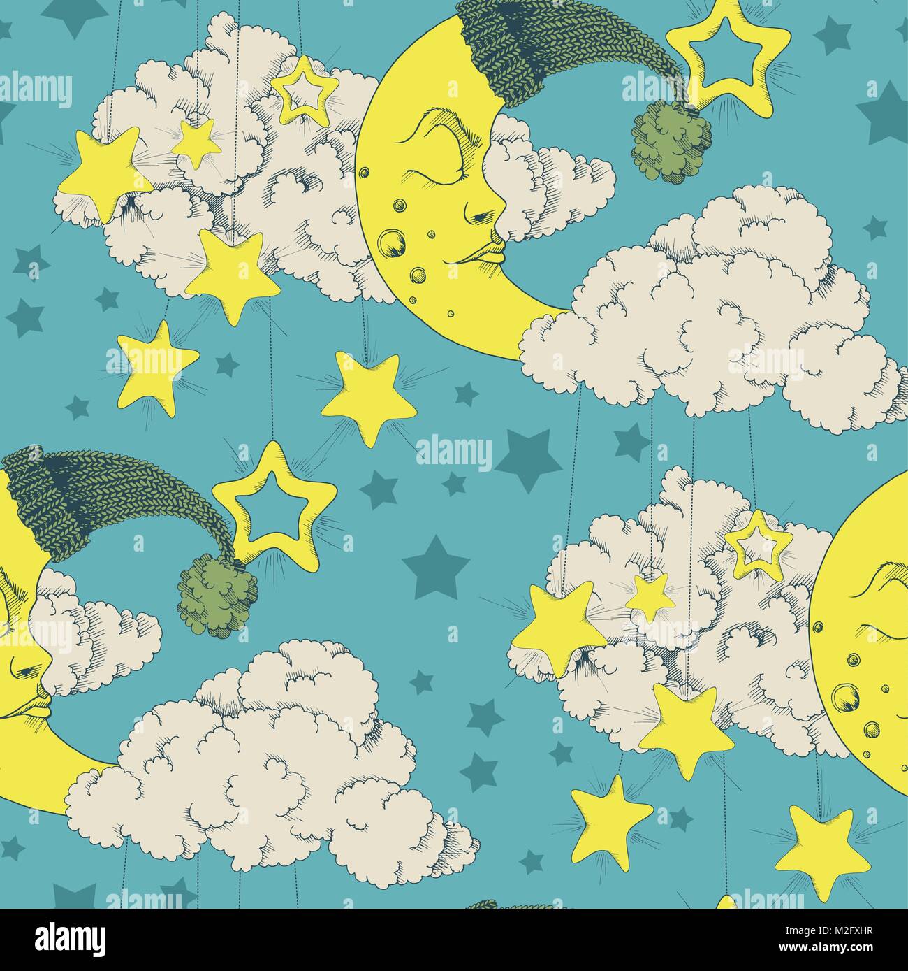 Clouds, stars and crescent vector seamless pattern Stock Vector Image ...