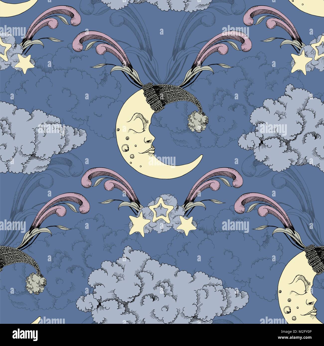 Clouds, stars and crescent vector seamless pattern Stock Vector Image ...