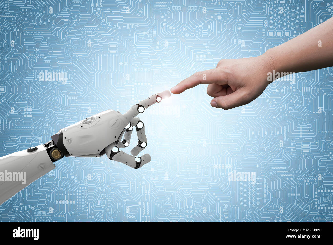 connection concept with human finger connect to 3d rendering robot ...