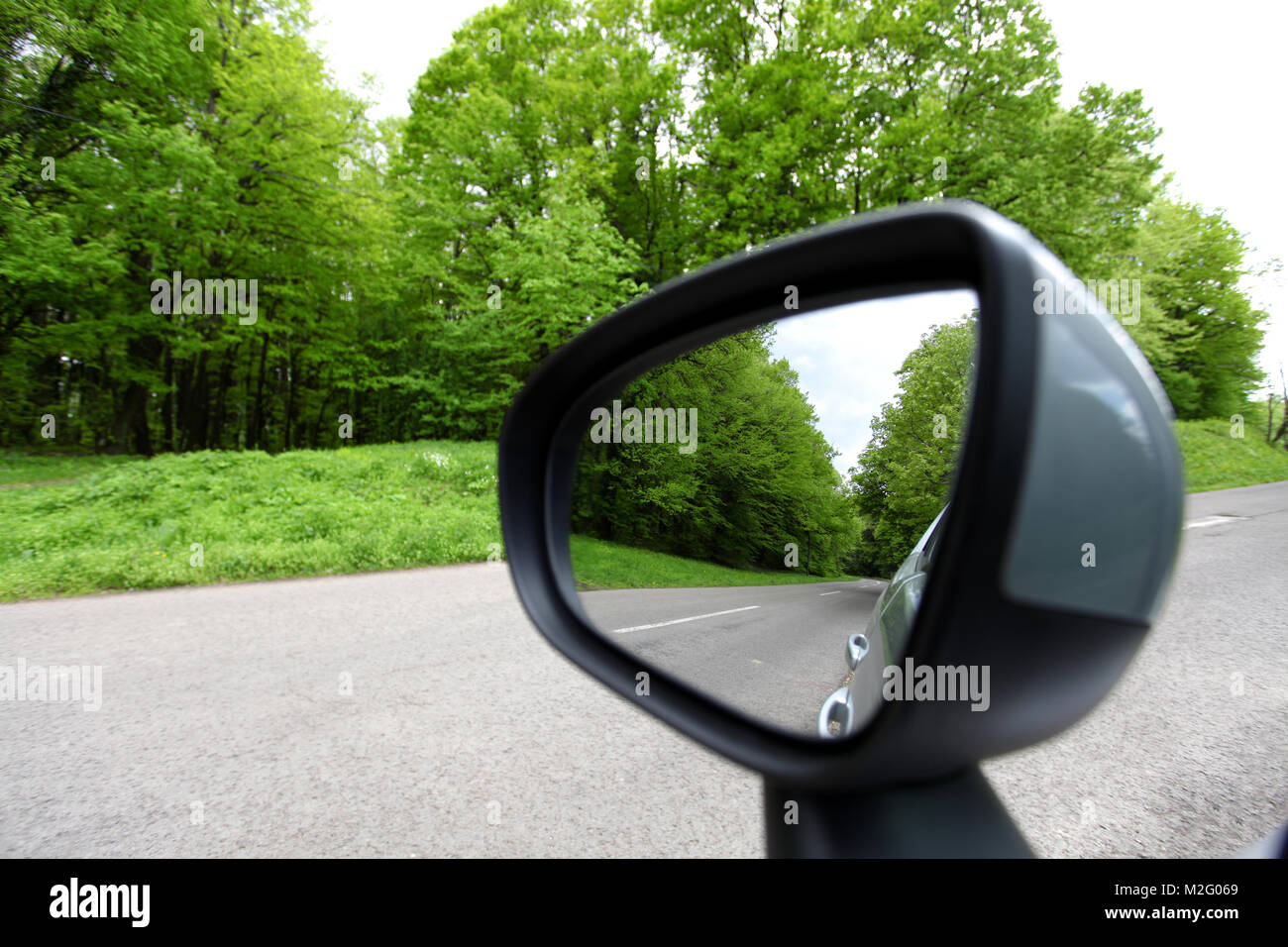forest road reflection, rearview car driving mirror view green forest road Stock Photo - Alamy
