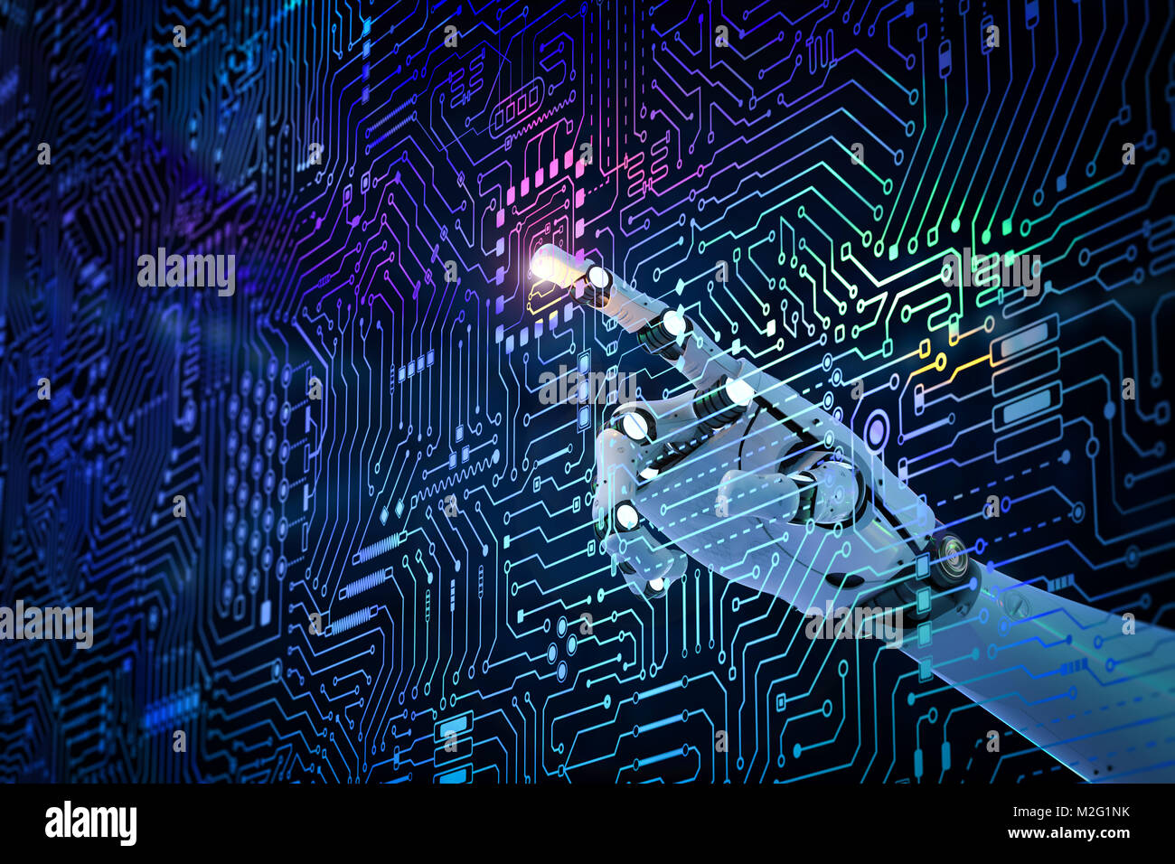 3d rendering robot finger pointing on circuit board background Stock ...