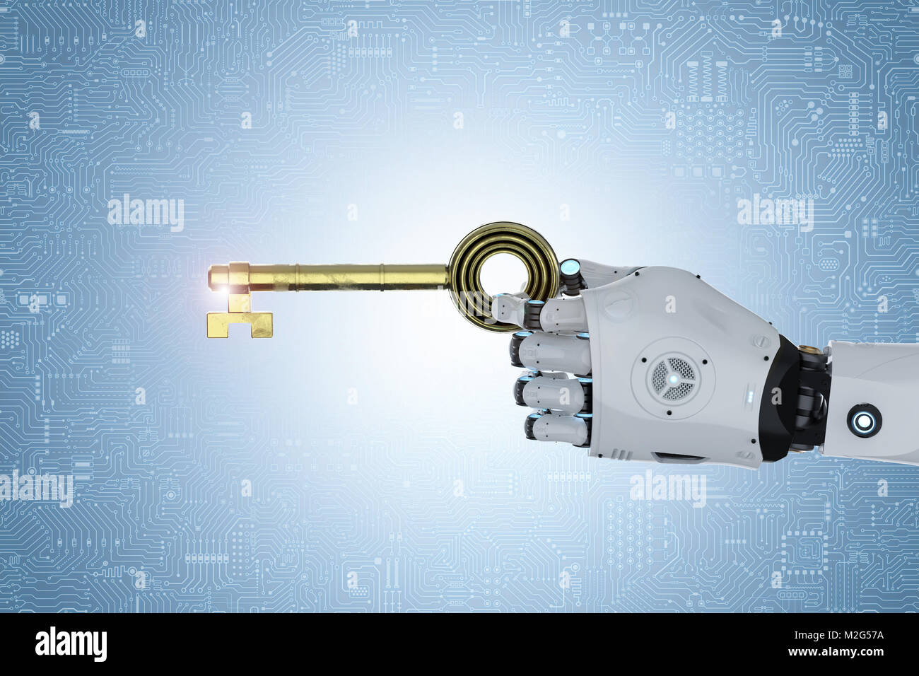 3d rendering robot hand holding golden key for unlock Stock Photo - Alamy