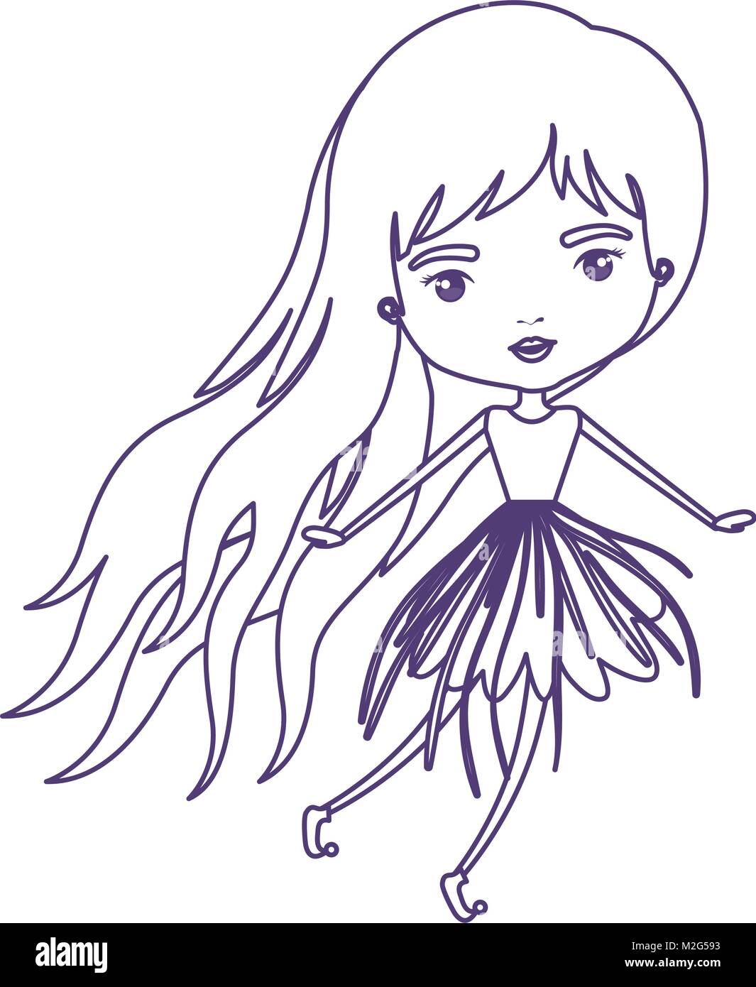 girly fairy without wings and long hair and dress in purple contour ...