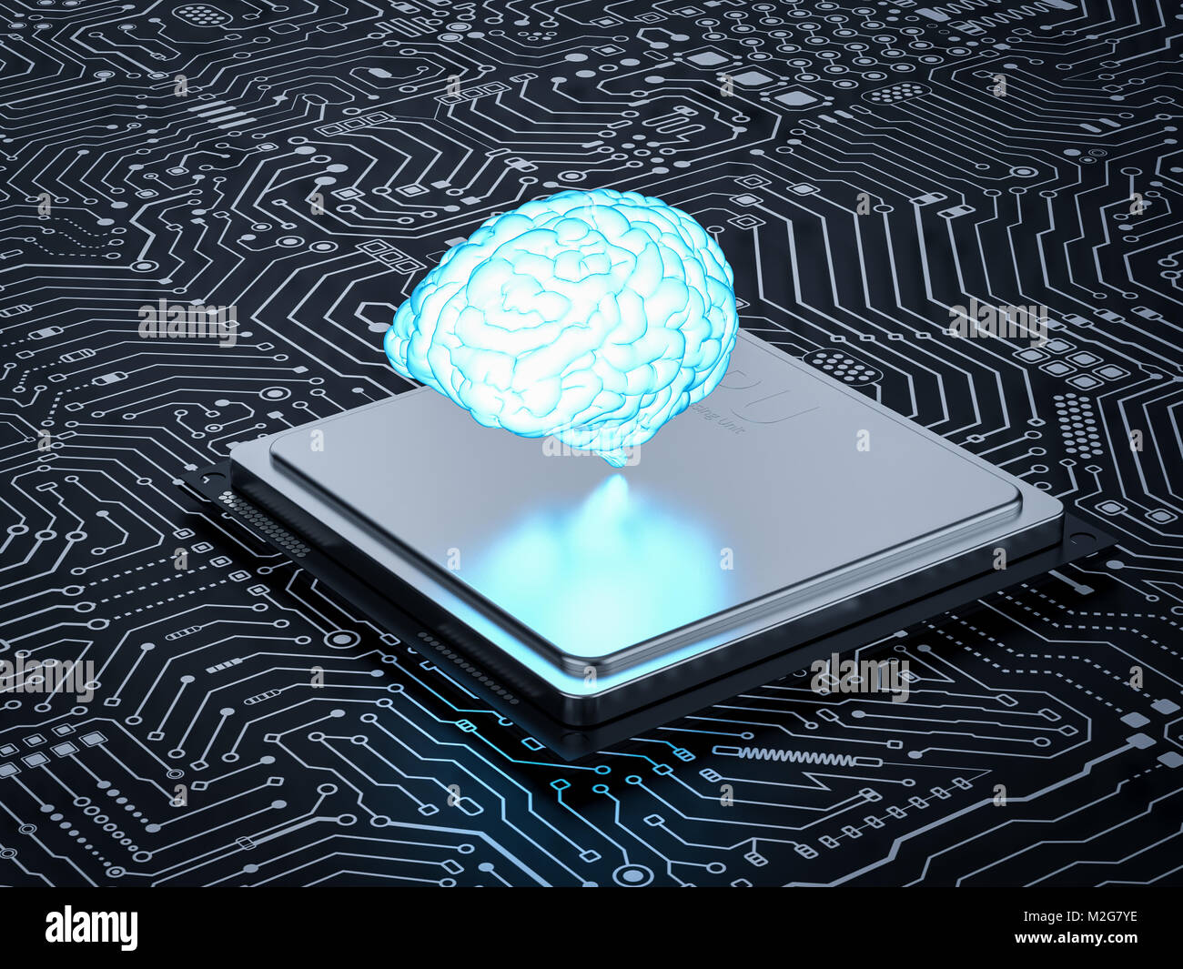 3d rendering ai brain with cpu on mainboard Stock Photo - Alamy