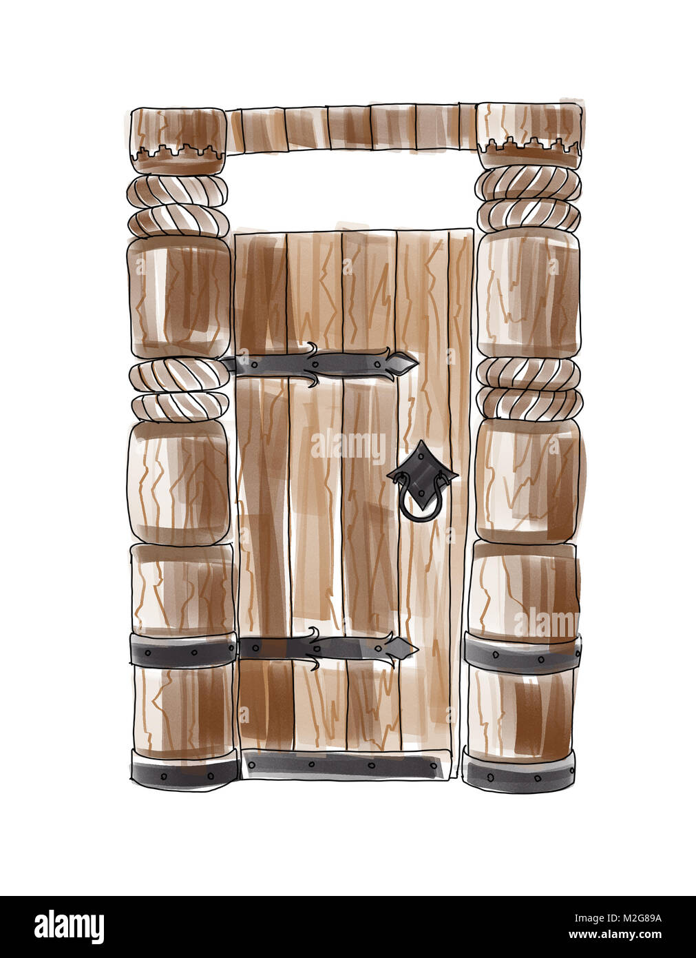 Hand drawn old door in the stone wall on isolated on white background ...