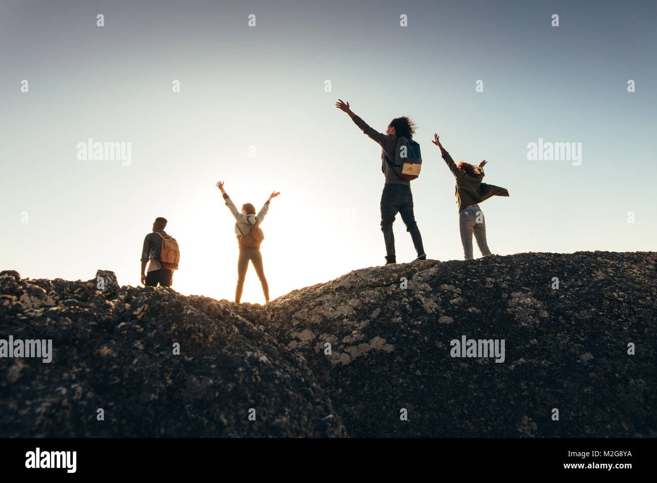 Rear view of friends having fun on mountain top and enjoying the view ...
