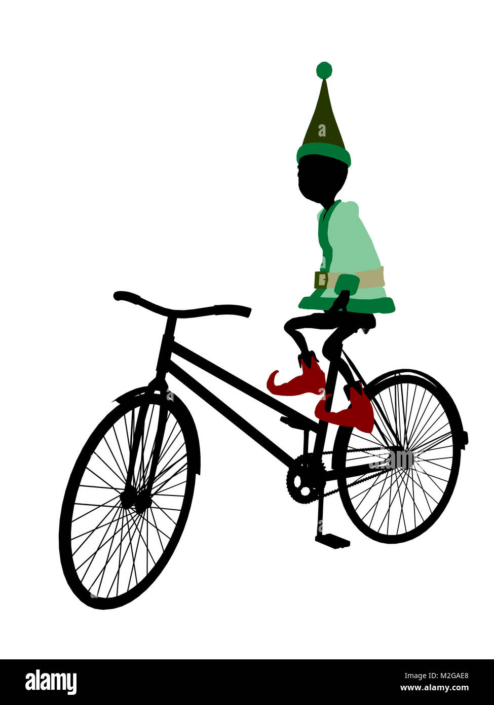 A christmas elf with a bycycle illustration silhouette on a white ...