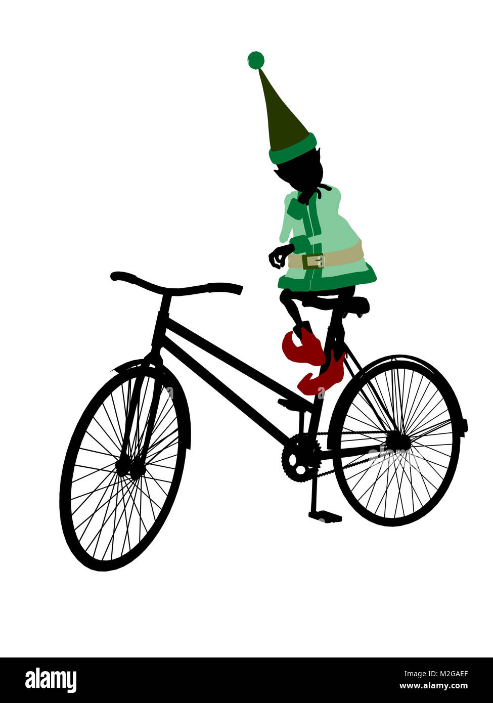 A christmas elf with a bycycle illustration silhouette on a white ...