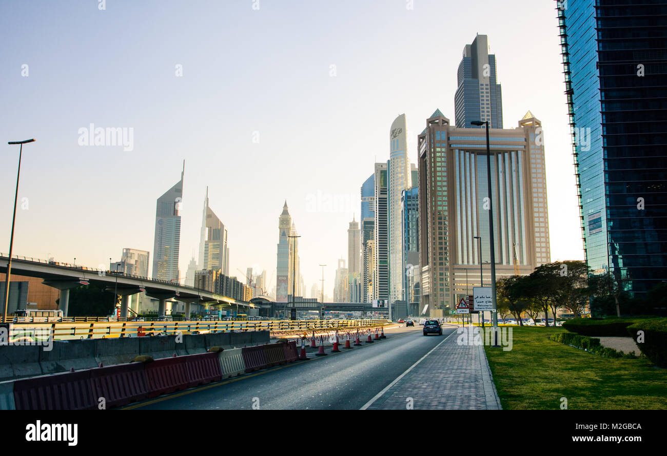 DUBAI, UNITED ARAB EMIRATES - FEBRUARY 5, 2018: Dubai downtown street ...