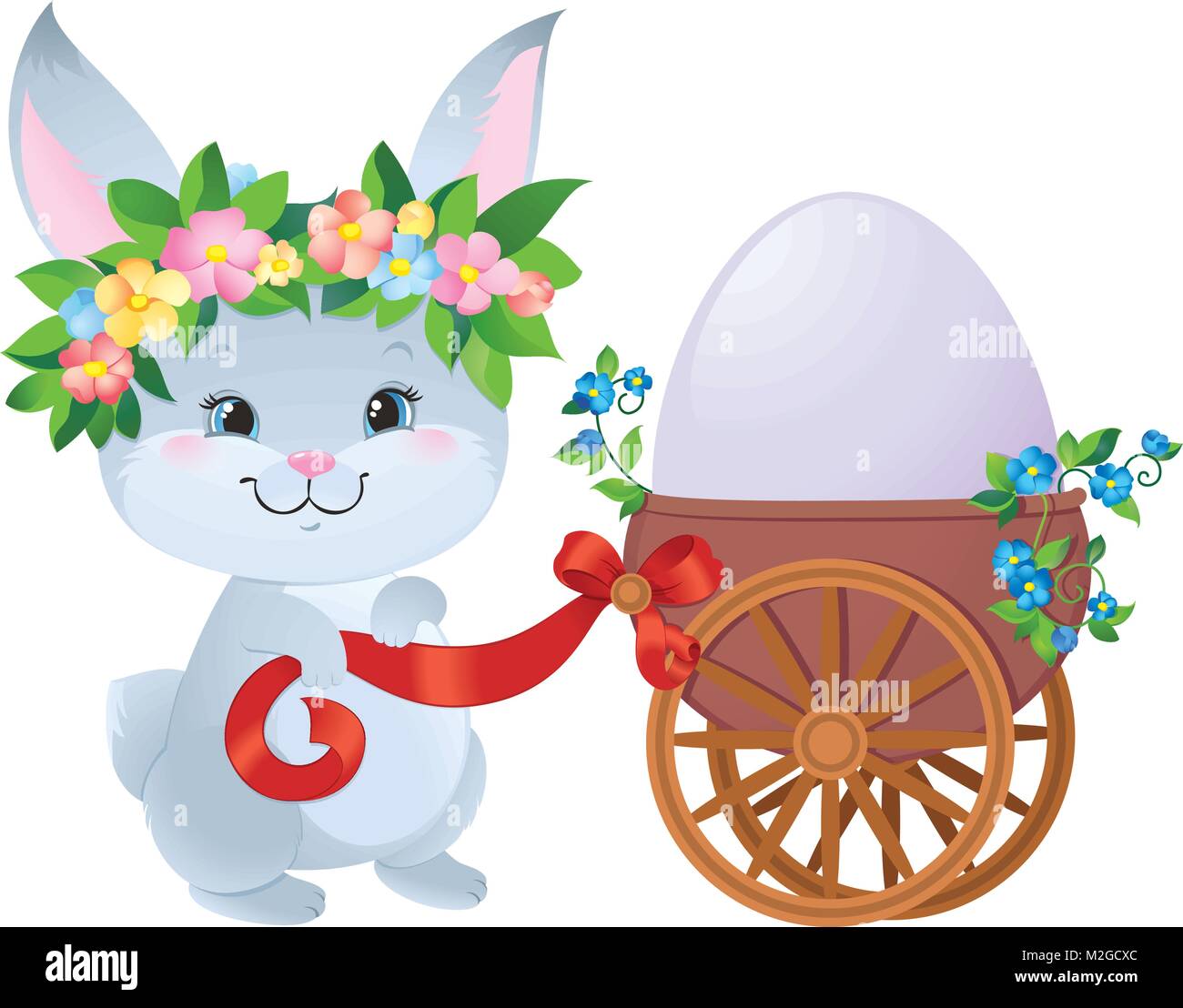 Cartoon illustration of a cute Easter bunny with a small cart and ...