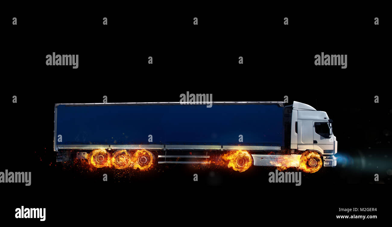 Super fast delivery of package service with a truck with wheels on fire ...