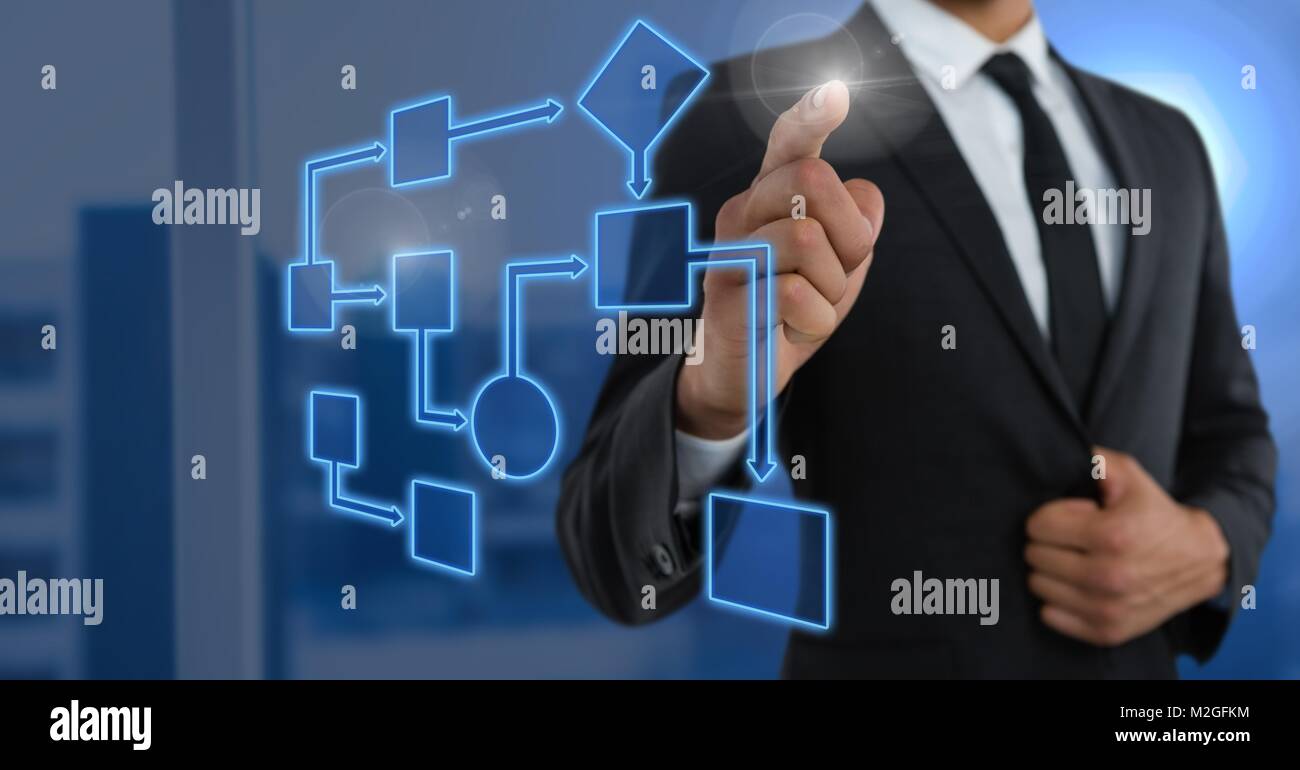 Hand touching blue wireframe Stock Photo - Alamy