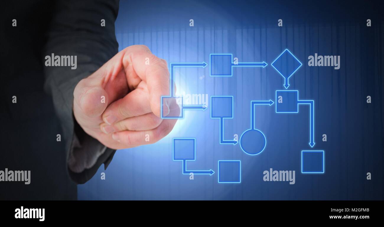 Hand touching blue wireframe Stock Photo - Alamy