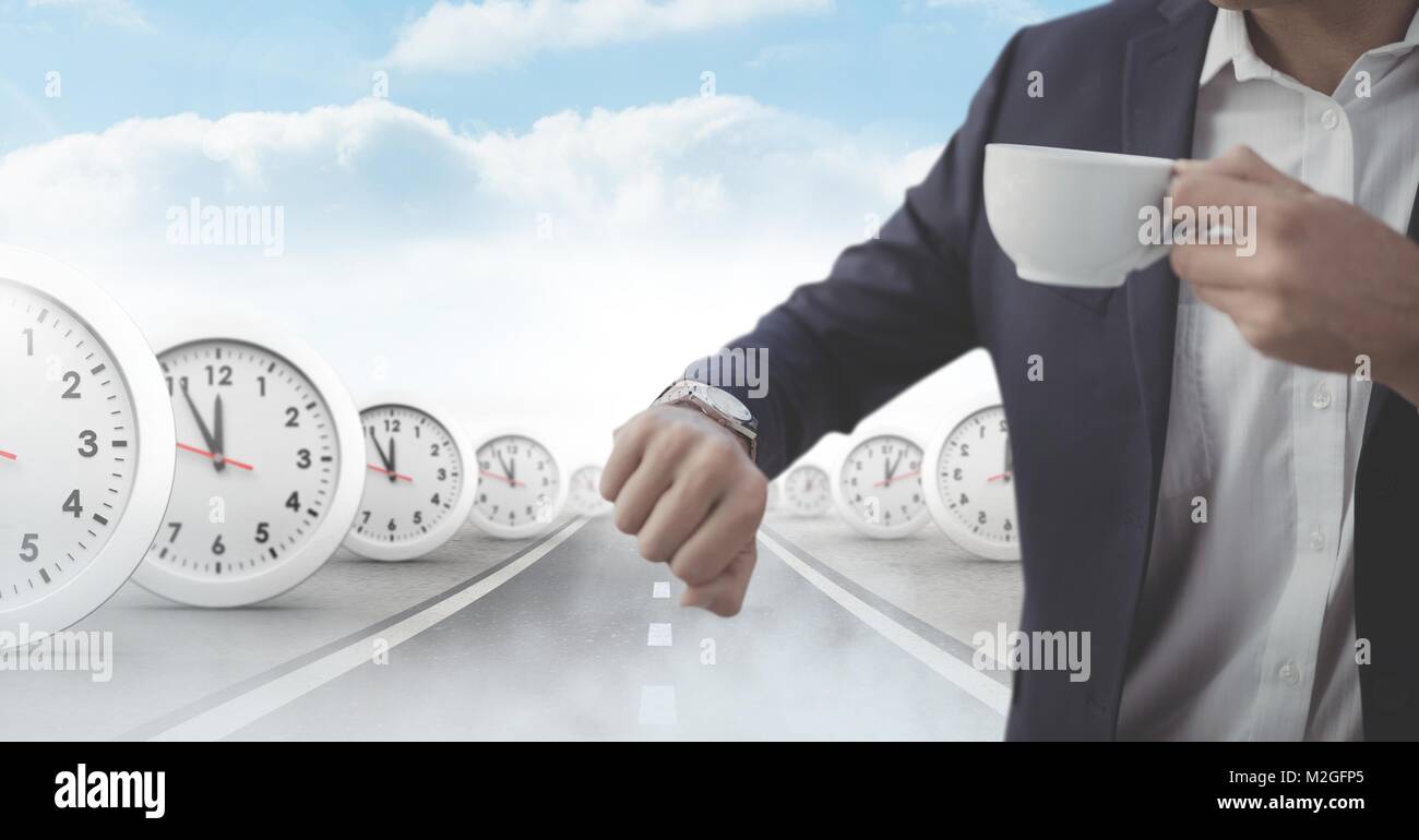 Businessman looking at watch with time clocks on surreal road Stock ...