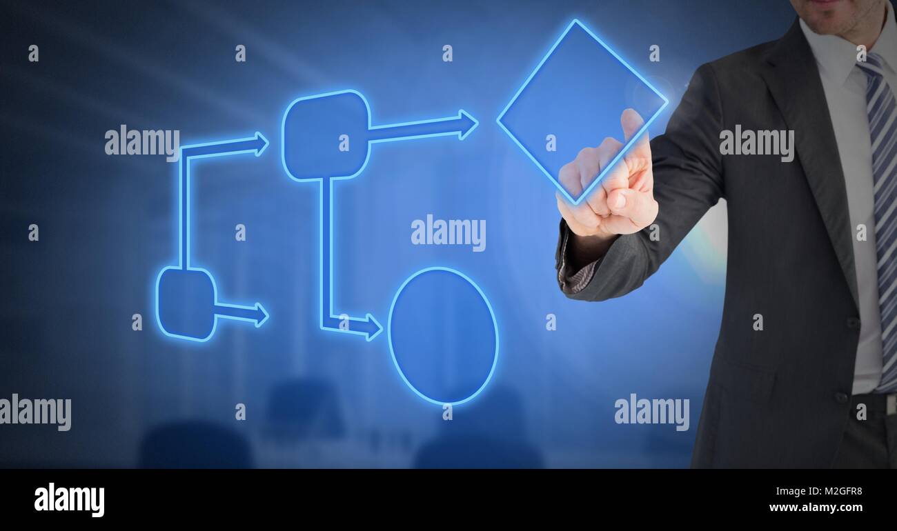 Hand touching blue wireframe Stock Photo - Alamy