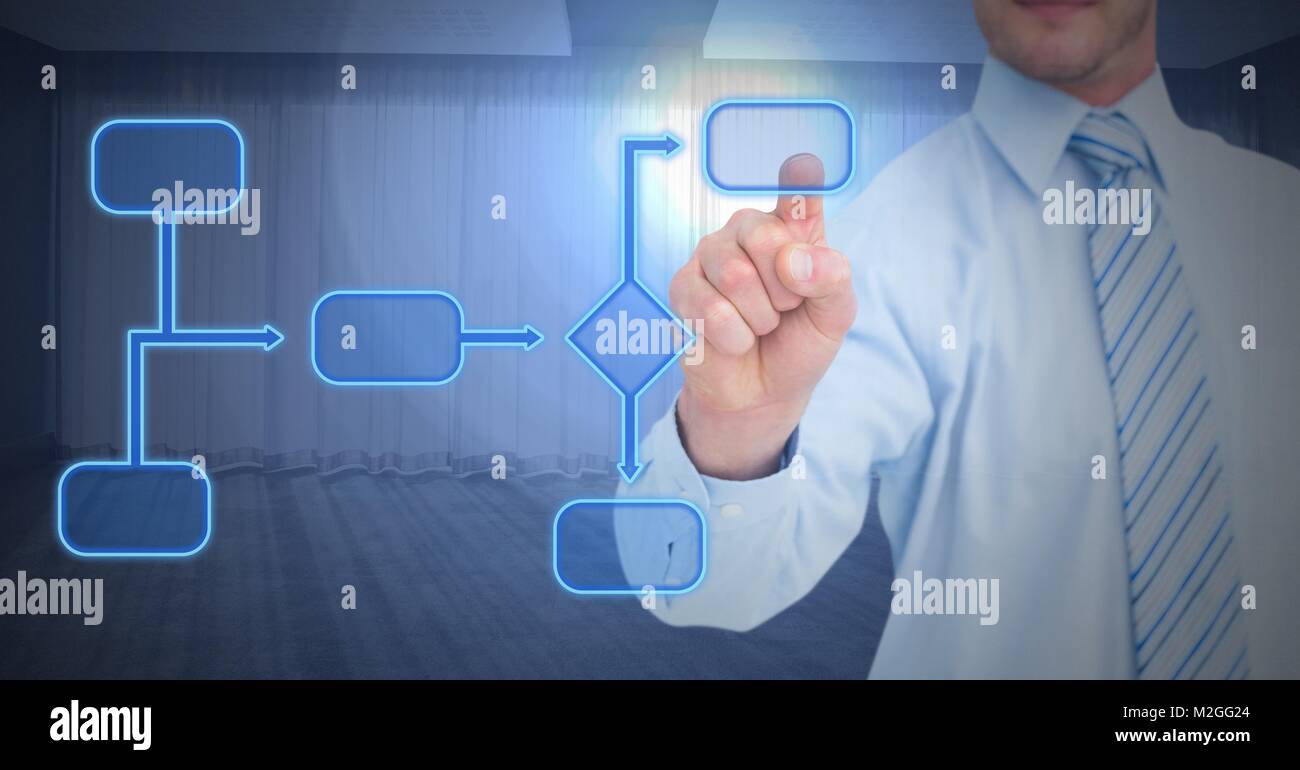 Hand touching blue wireframe Stock Photo - Alamy