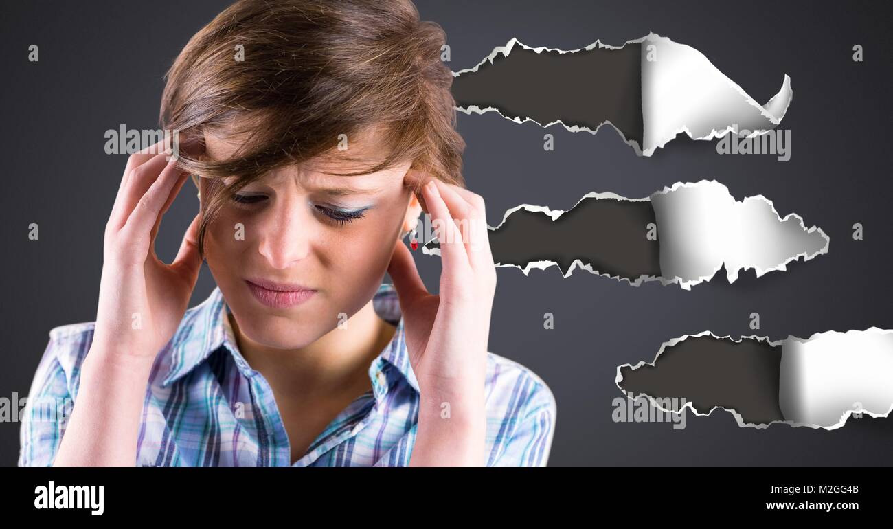 Stressed and upset woman with torn paper Stock Photo - Alamy