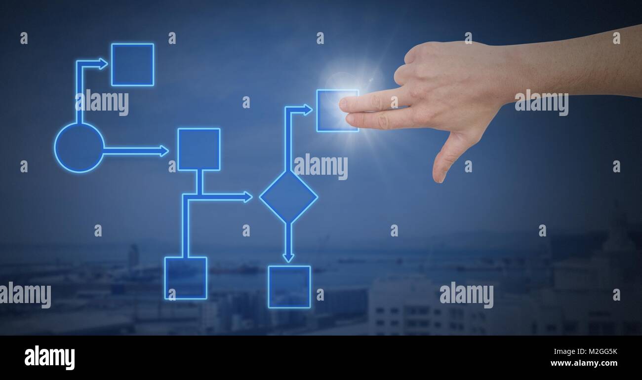 Hand touching blue wireframe Stock Photo - Alamy