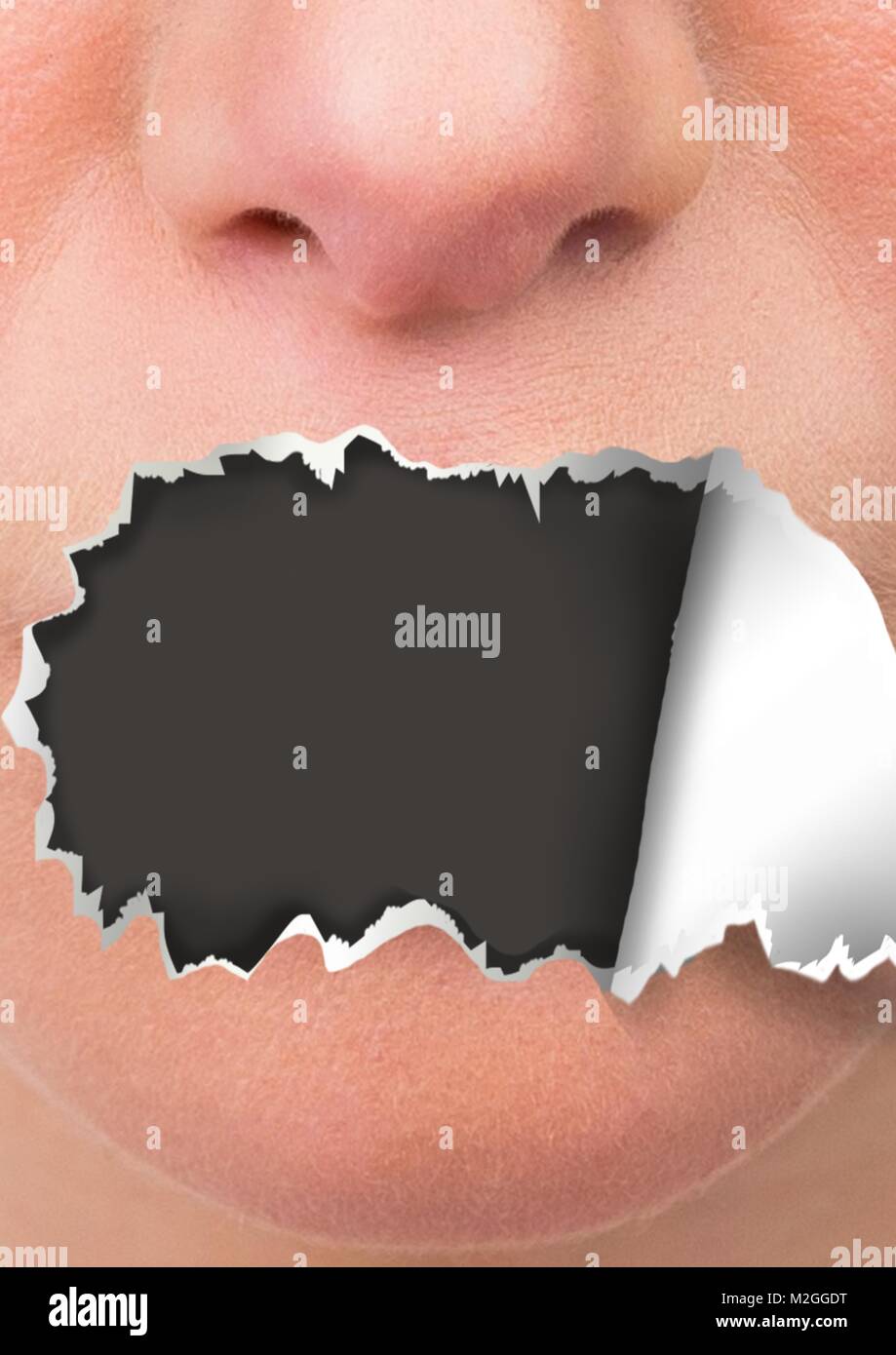 Face with torn paper on mouth Stock Photo - Alamy