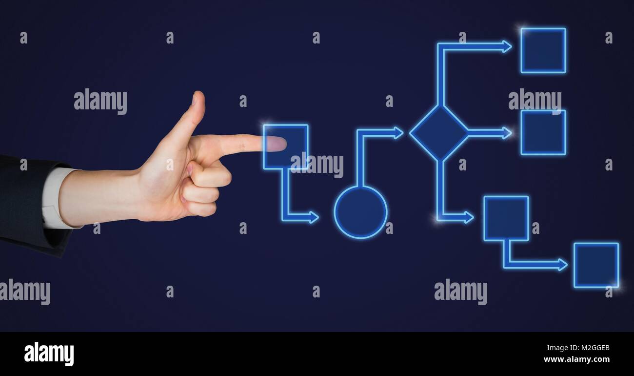 Hand touching blue wireframe Stock Photo - Alamy