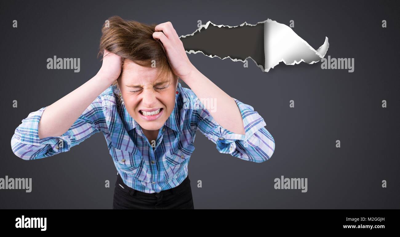 Stressed and upset woman with torn paper Stock Photo - Alamy