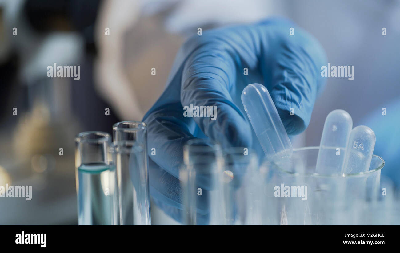 Lab assistant carrying out tests in laboratory, examining liquid ...