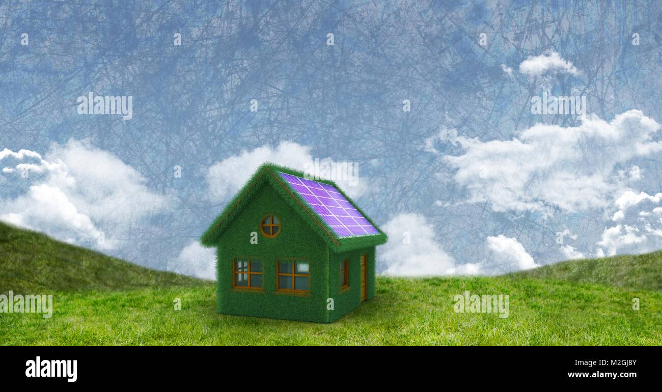 Eco solar panel house in green field Stock Photo - Alamy