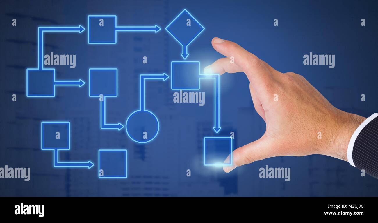 Hand touching wireframe with blue background Stock Photo - Alamy