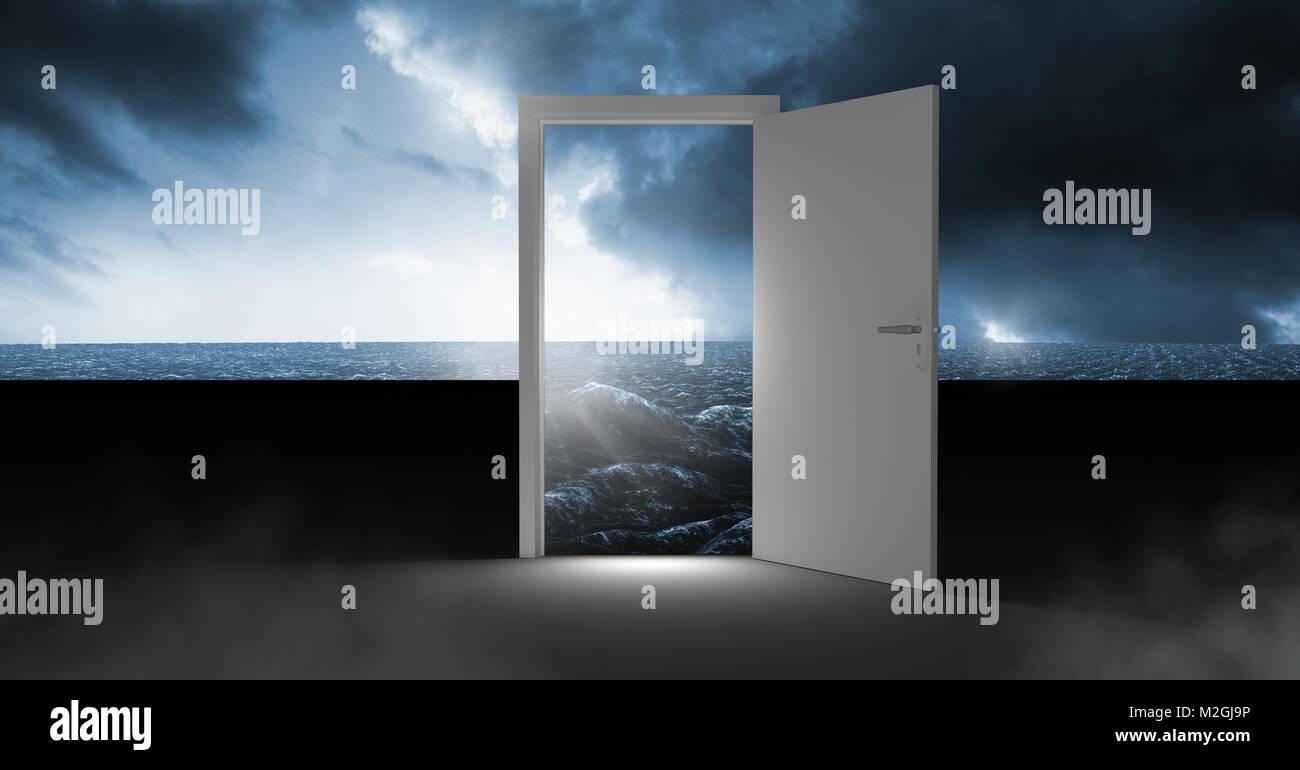 Open door with surreal dark sea glow and sky Stock Photo - Alamy
