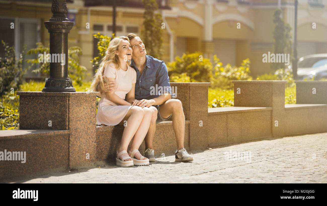 Romantic couple looking into happy future together, first love, summer ...