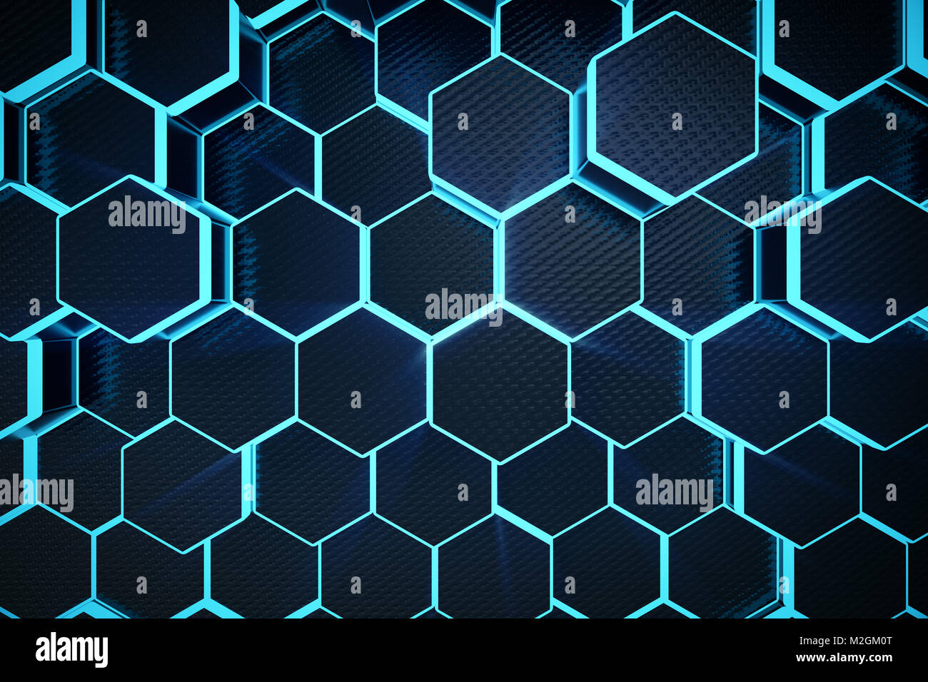 3D illustration blue abstract hexagonal geometric background. Structure of self-luminous ...