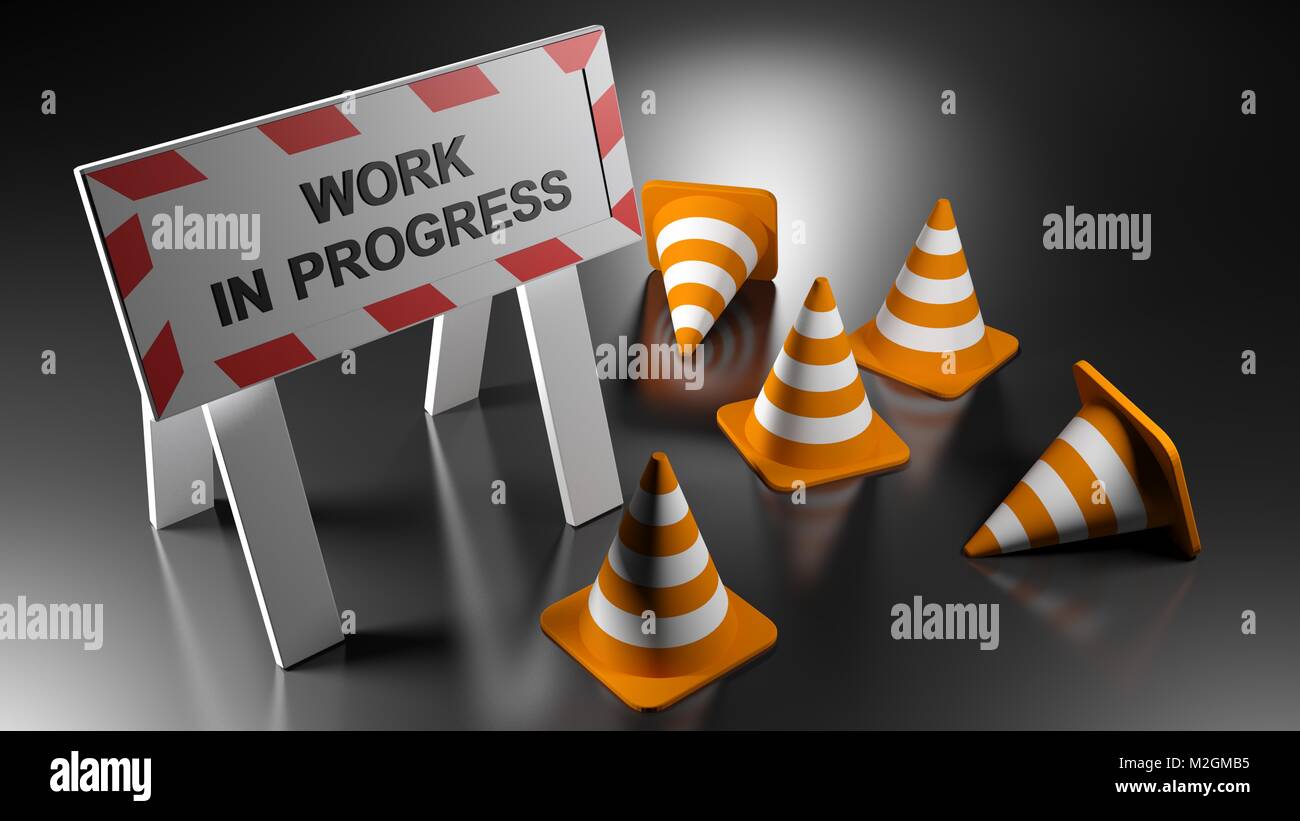 Work in progress sign with traffic cones - 3D rendering Stock Photo - Alamy