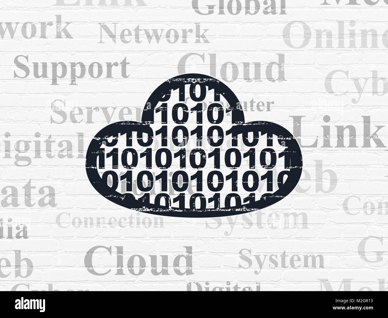 Cloud networking concept: Cloud With Code on wall background Stock ...
