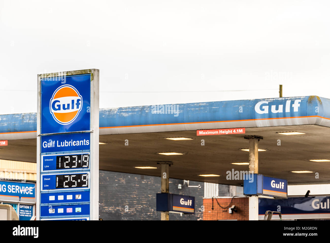 Northampton UK January 05, 2018: Gulf logo sign stand on petrol station ...
