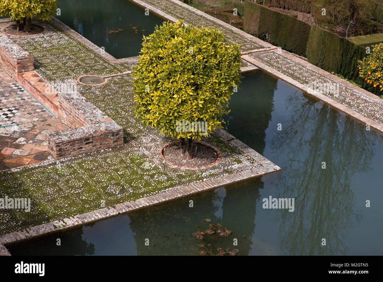 Detail of formal pools and decorative paving on the upper terrace of ...