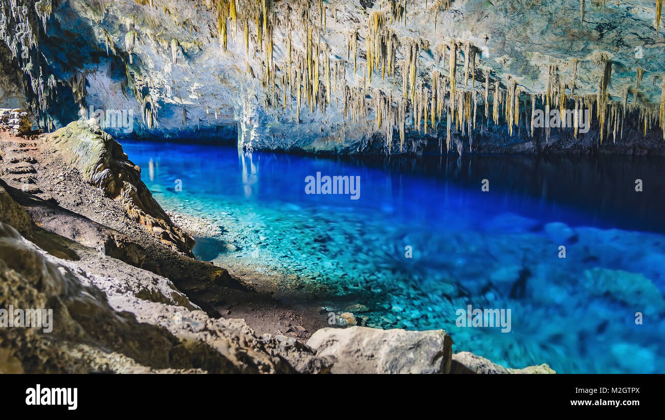 Bonito, Brazil - November 19, 2017: Inside the grotto of Lago Azul, a ...
