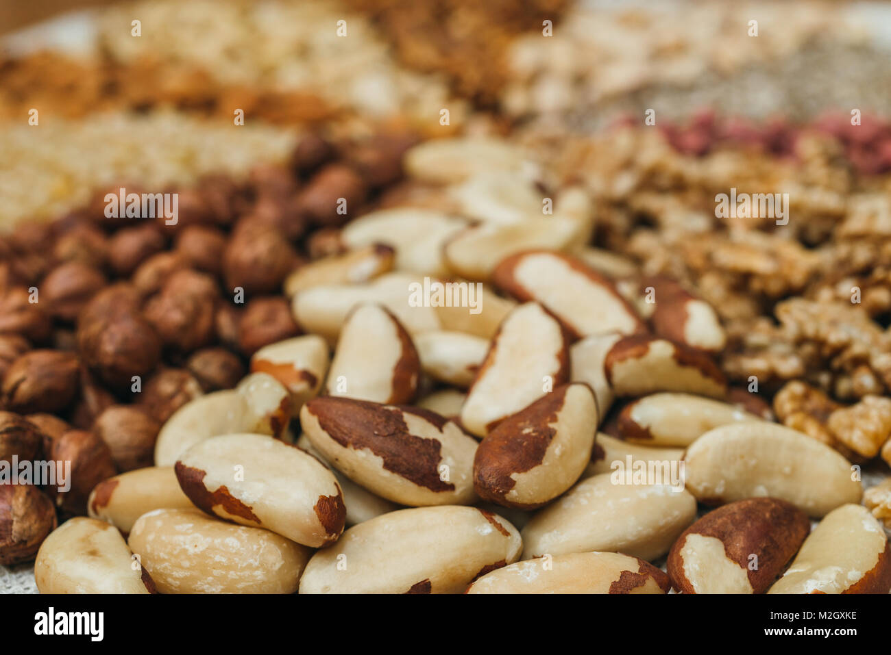 Nuts mix in a canvas bag in table Stock Photo - Alamy