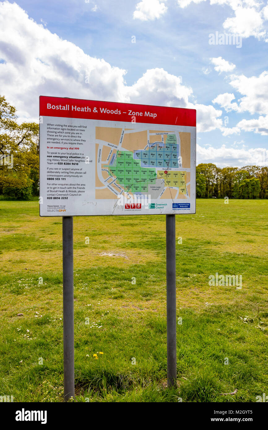 Information board on Bostall Heath showing a map of the heath and woods ...