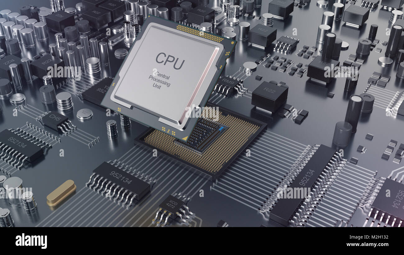 3D Illustration close-up view electronic circuit board. Computer ...