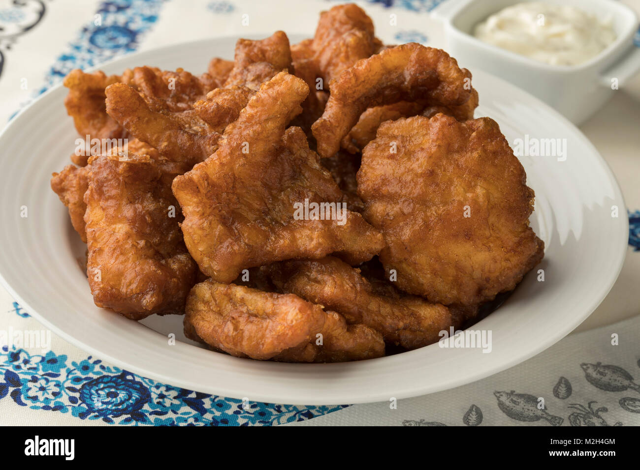 Dish with traditional fresh baked Dutch kibbeling, deep fried fish, and ...