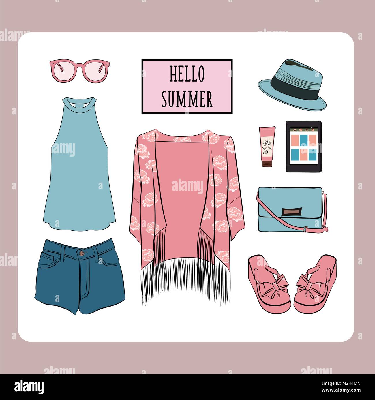 Hand drawn fashion vector illustration. Summer outfit collection girly ...