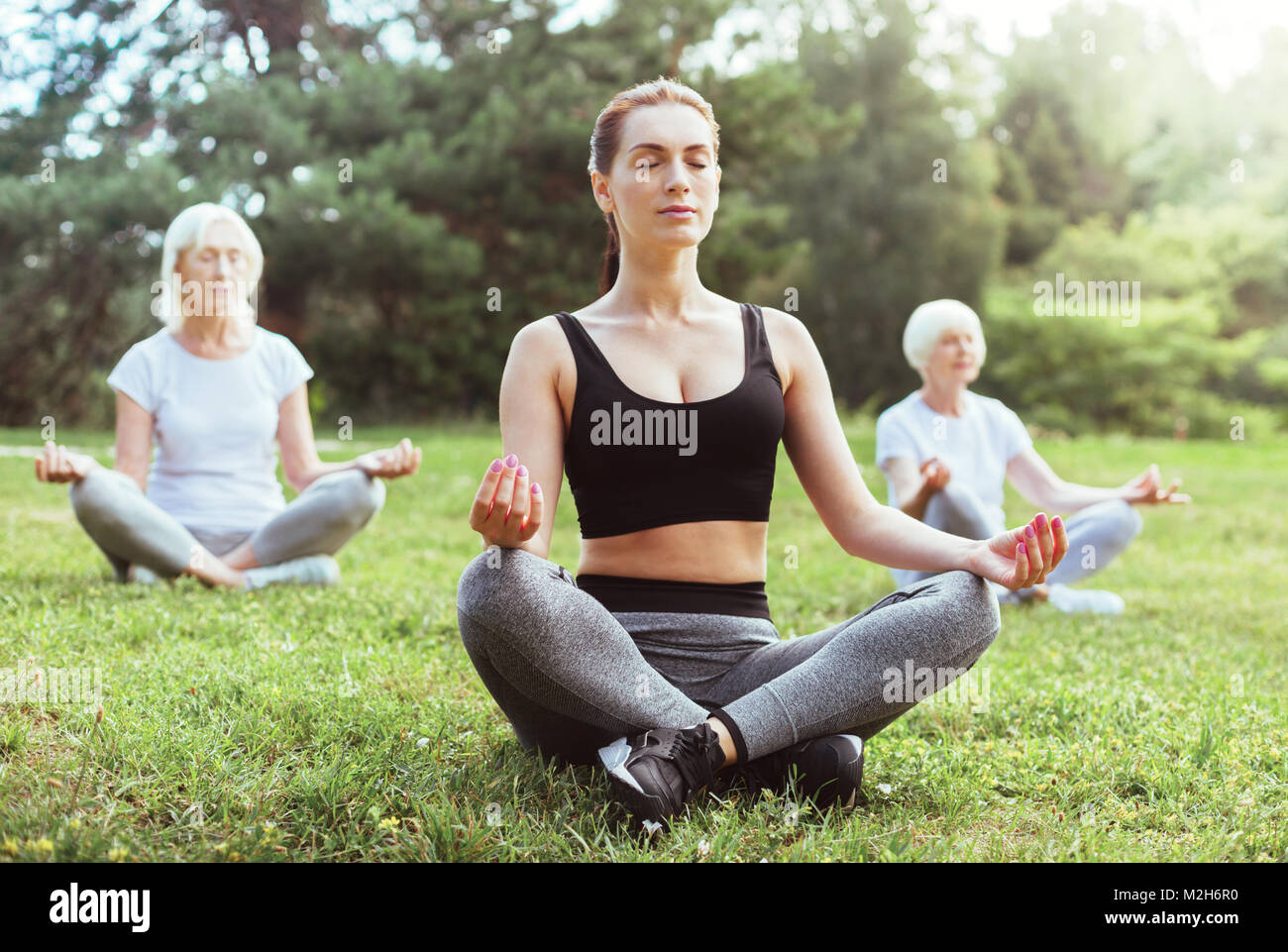 Nice young woman having a yoga class Stock Photo - Alamy