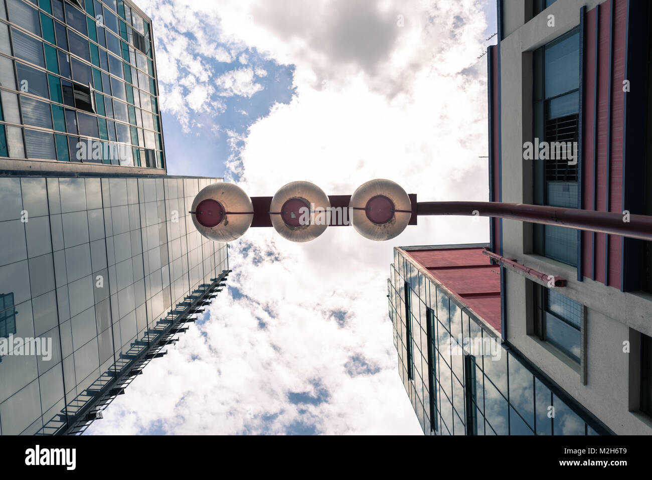 SAO PAULO, BRAZIL - FEBRUARY 02: Upward picture of light pole decorated ...