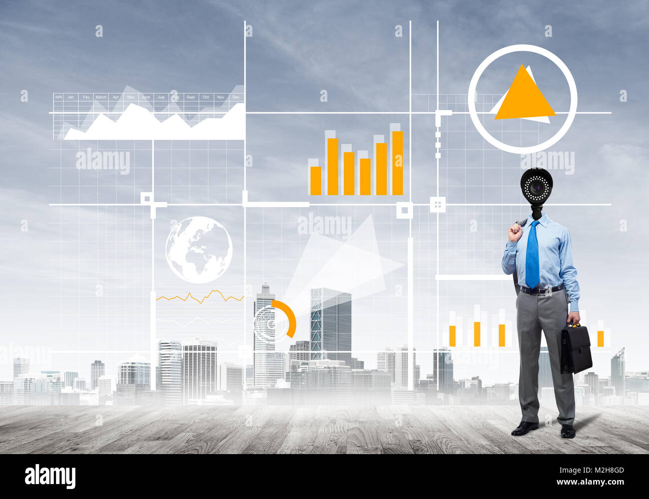 Camera headed man standing on wooden floor against modern cityscape ...
