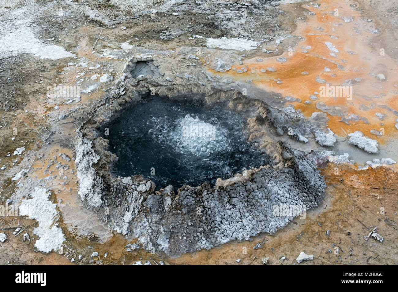 Bubbles roil the surface of a deep blue hot spring with brown algae ...