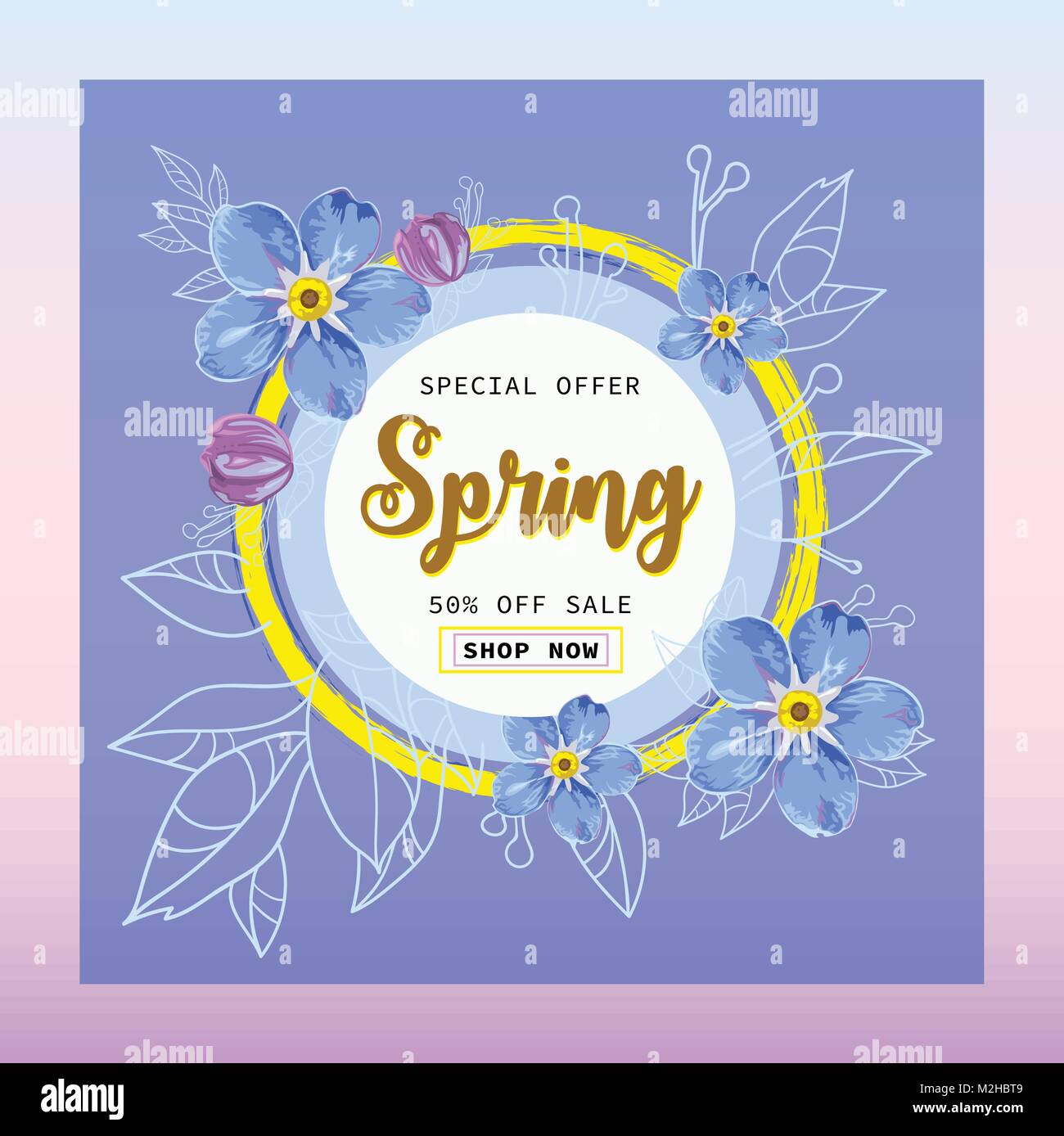 Spring sale banner with beautiful blue flowers on a colorful background ...