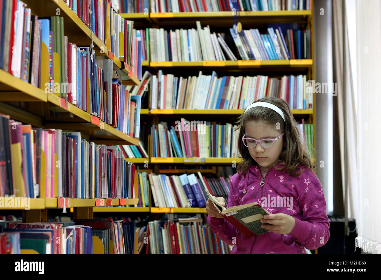 beautiful little girl reading a book in the library Stock Photo - Alamy