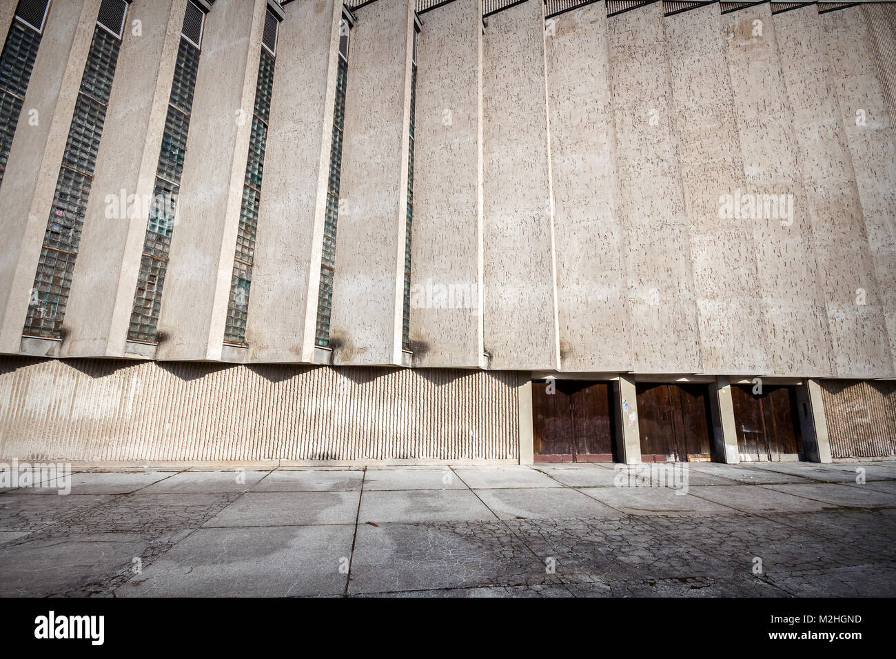 Wide angle view of an old wall with a lot of architectural features ...